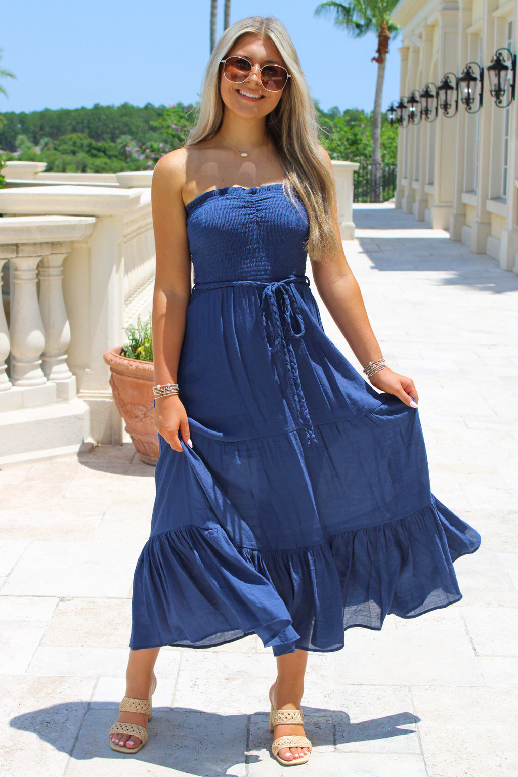 Sunset Breeze Smocked Maxi Dress - Navy – Makk Fashions